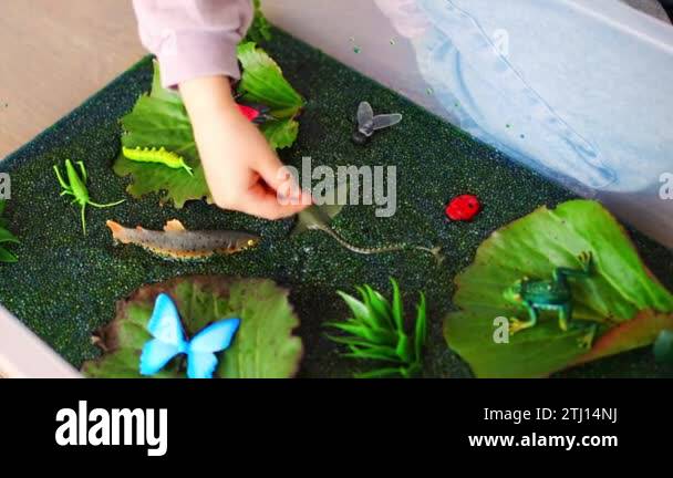 Little girl playing in handmade swamp of green-dyed chia seeds with ...