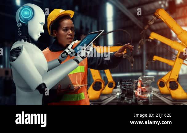 Cybernated industry robot and human worker working together in future ...