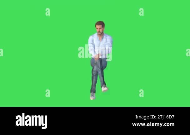 3d male TV presenter on green screen sitting and standing and talking ...