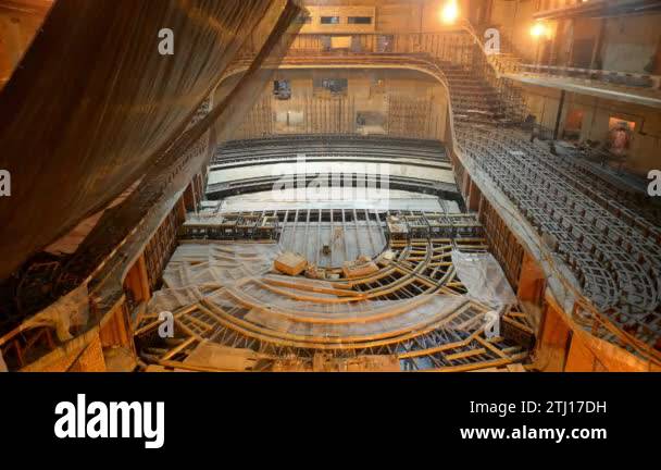 Assembling of gorgeous auditorium with spectator seats in opera theater ...