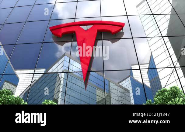 March 2022, Editorial use only, 3D animation, Tesla logo on glass ...