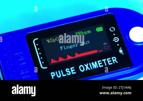 Pulse oximeter Finger out. The medical device shows the level of oxygen ...