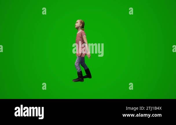 3D animated little kindergarten girl on green screen playing and ...