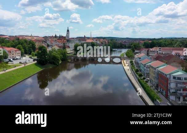 Medieval Town Pisek and historic stone bridge over river Otava in the ...