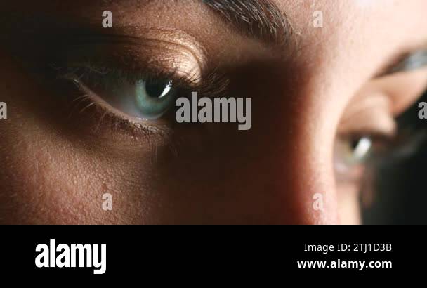 Woman eyes zoom, vision focus blue color contact lens and human ...