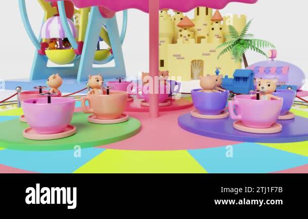3d amusement park concept with teddy bear, tea cup ride, railroad ...