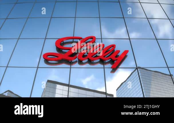 Editorial use only, 3D animation, Eli Lilly & Co logo on glass building ...