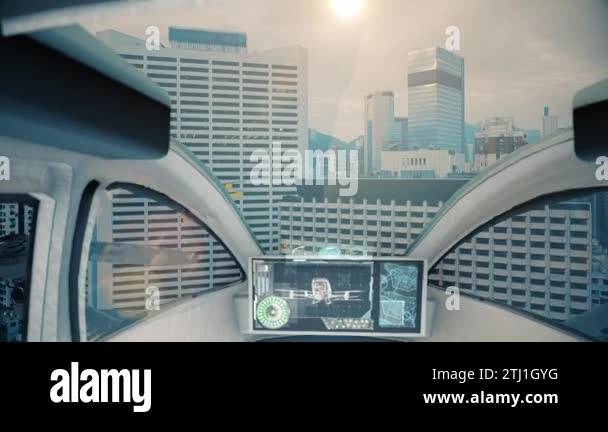 Group of autopilot taxi and deliverys drones flying above big city ...