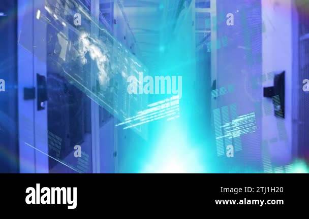 Animation of interface with data processing and light spot over empty computer server room ...