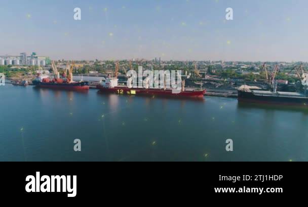 Seaport with cargo ships visualization of internet connections ...