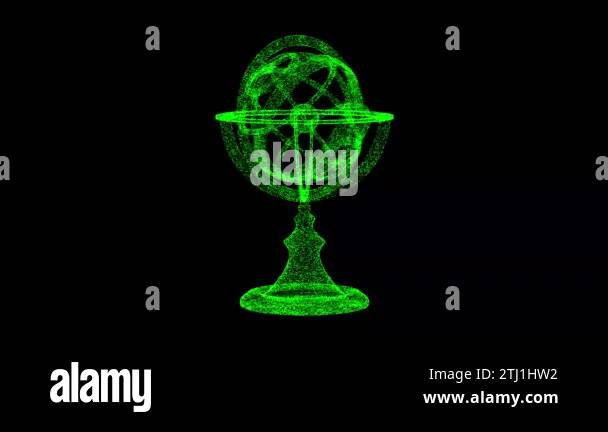 3D armillary sphere rotates on black bg. Object dissolved flickering ...