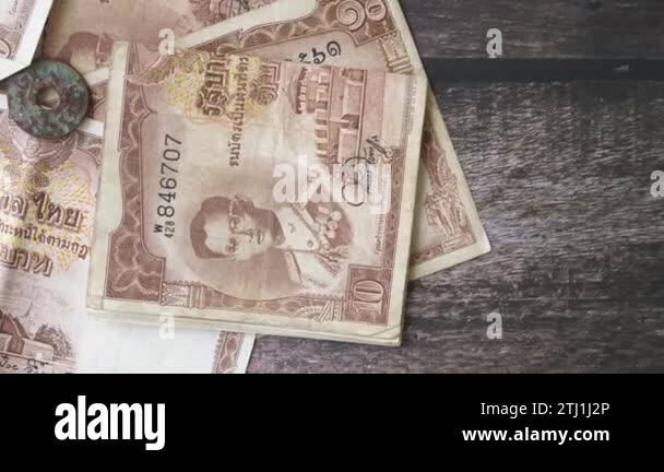 Pan shot Collection thai baht moeny banknote and coin of Thailand for ...