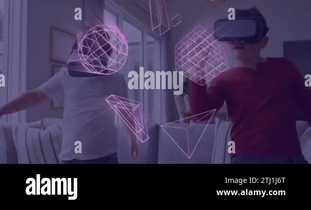 Animation of glowing 3d shapes of data transfer over caucasian boys in ...