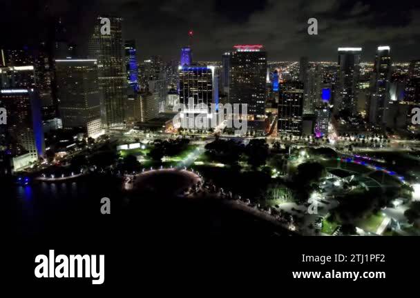 Miami skyline at night. Aerial night landscape of downtown Miami ...