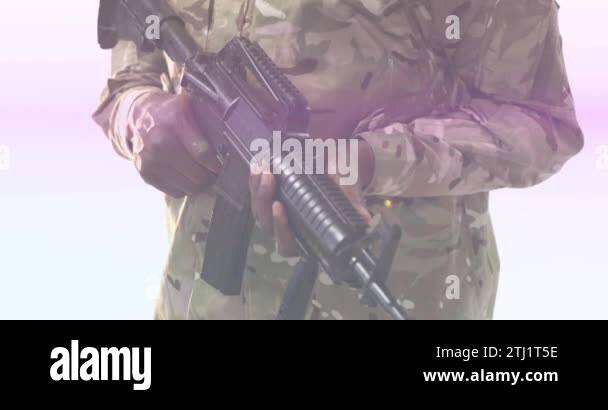 Animation of portrait african american army solider holding gun and ...