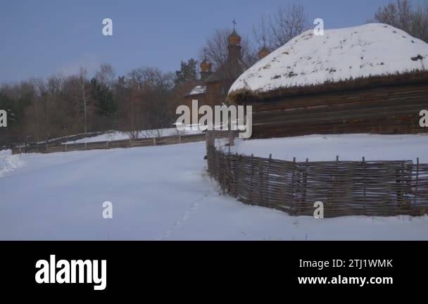 Wooden Church Behind a Rustic Huts Winter Snow Wattle Fence Church of ...