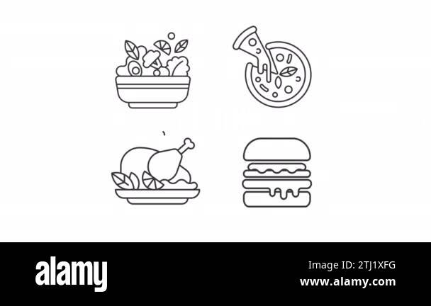 Animated american food line icons. USA restaurant menu animation ...