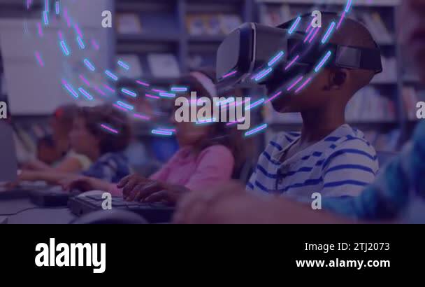 Animation of glowing 3d shapes over african american boy using vr ...