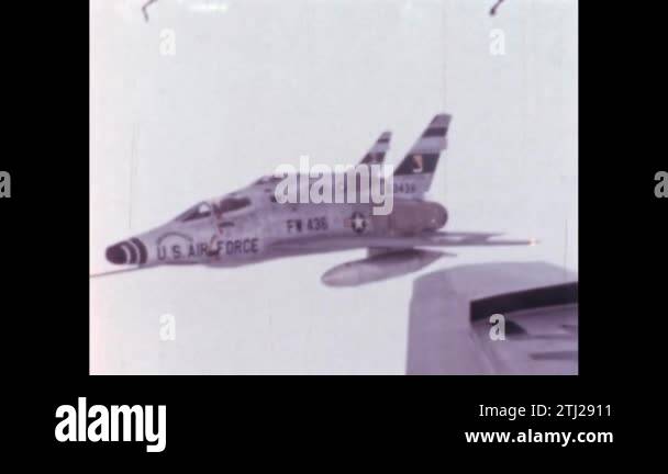 Echelon formation of first-generation fighter jets in flight in the ...