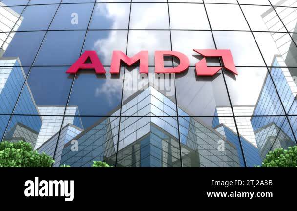 August 2019, Editorial use only, 3D animation, AMD logo on glass ...