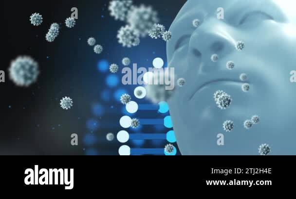 Animation of falling cells and dna strand over human head 3d model on ...