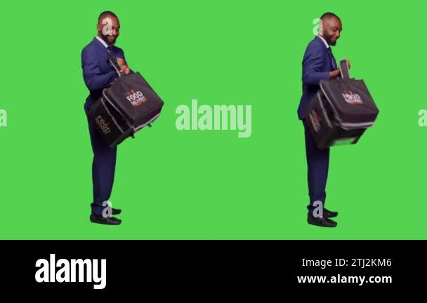Food delivery employee wearing office suit in studio, having backpack ...