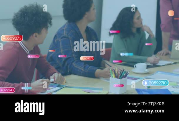 Animation of social media icons against diverse colleagues discussing ...