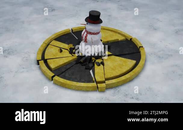 Loop 3d animation of a snowman in the center of a destroyed radiation ...
