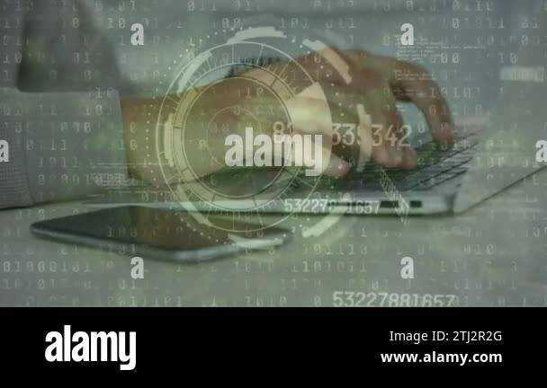 Animation of round scanner, data processing and binary coding over mid section of a man using ...