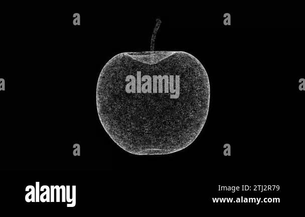 3D apple rotates on black bg. Object dissolved white flickering ...