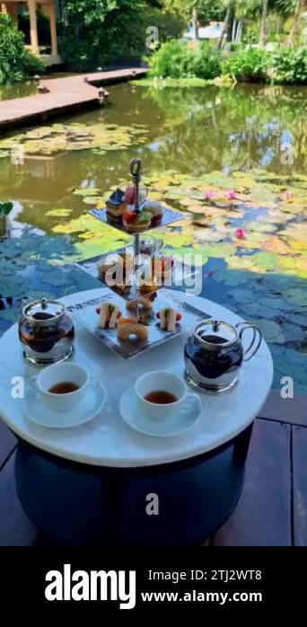 Afternoon tea at a water pond, high tea in a tropical garden in ...
