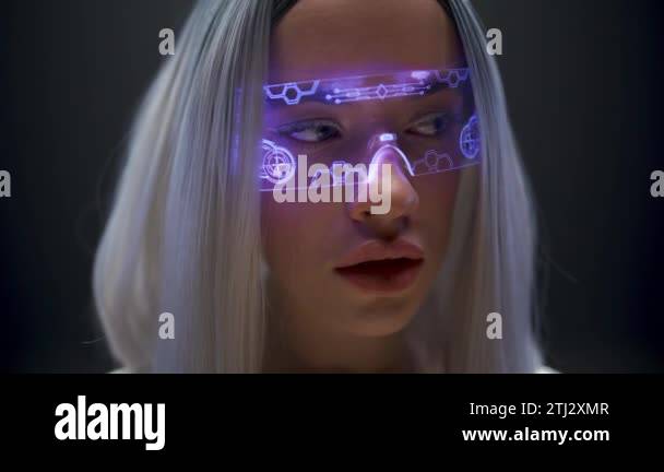 Closeup Smart Woman Analyzing Information In Digital Glasses