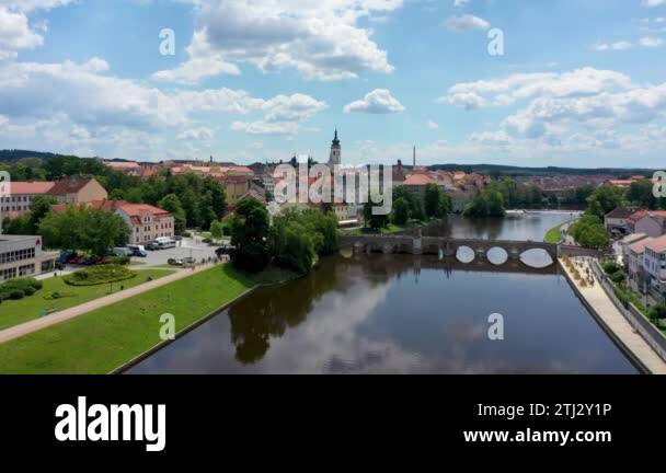 Medieval Town Pisek and historic stone bridge over river Otava in the ...