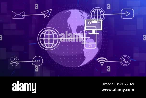 Animation of ai text, icons and data processing over globe. Global artificial intelligence, data ...