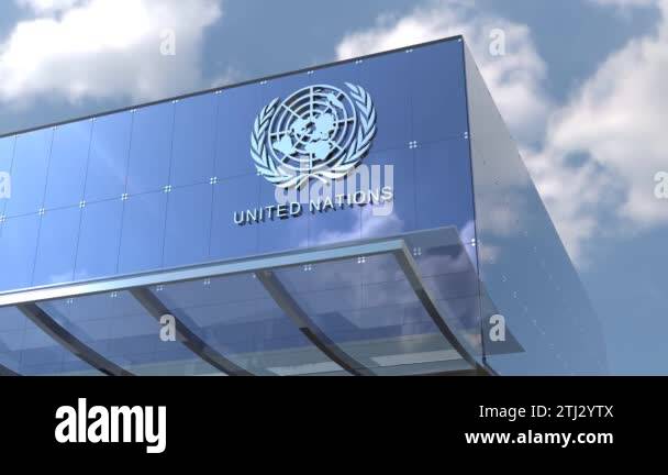 United Nations 4K editorial footage of a corporate building with a blue ...