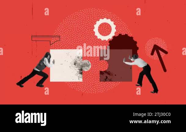 Stop motion, animation. Teamwork. Two women, employees connecting ...