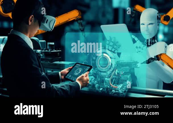 Cybernated industry robot and human worker working together in future ...