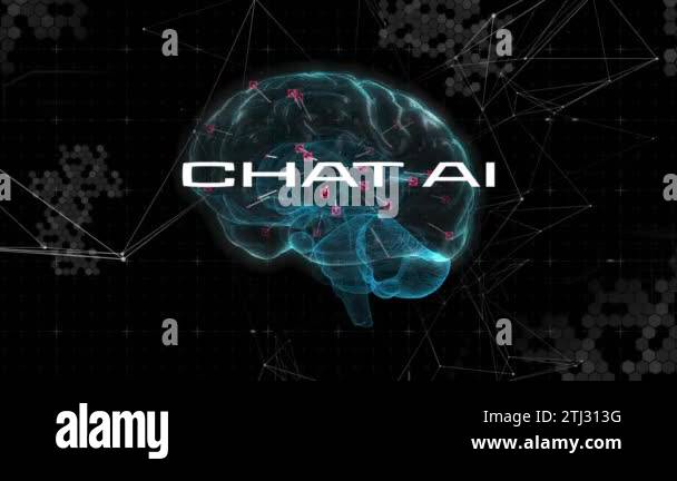 Animation of artificial intelligence chat text and data processing over human brain. Global ...