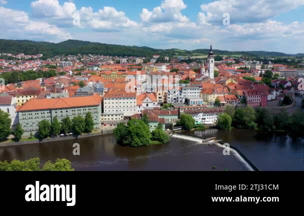 Medieval Town Pisek and historic stone bridge over river Otava in the ...