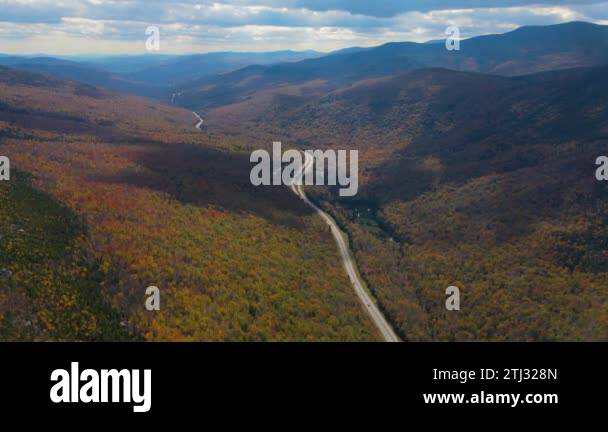 Franconia Notch with fall foliage aerial view including Profile Lake ...