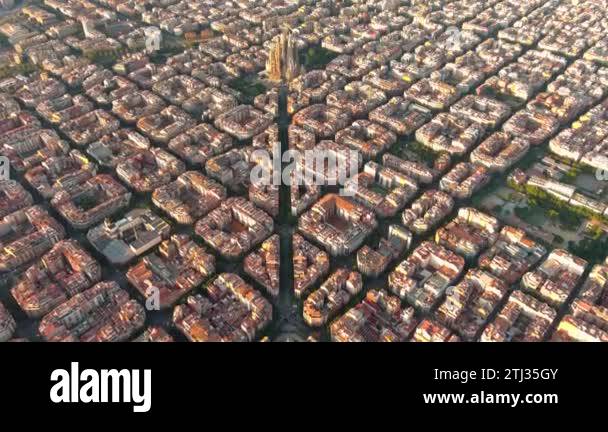 Aerial view of Barcelona city skyline and Sagrada Familia Cathedral ...