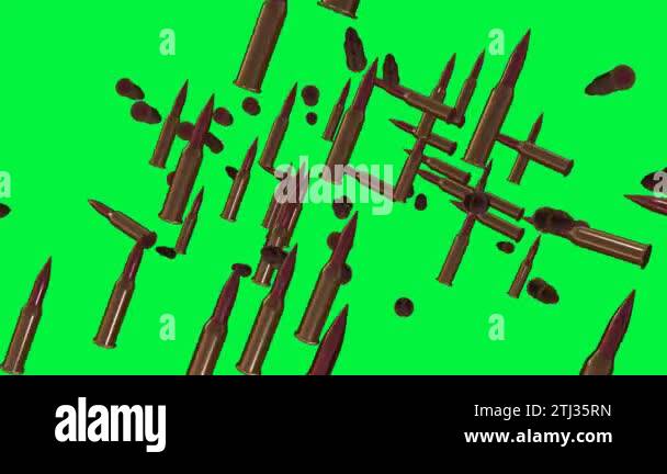Many bullets flying to camera on chromakey background. Green screen ...