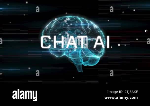 Animation of artificial intelligence chat text and data processing over human brain. Global ...