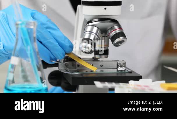 Chemist in laboratory checks ph strips on microscope. Exploring toxic ...