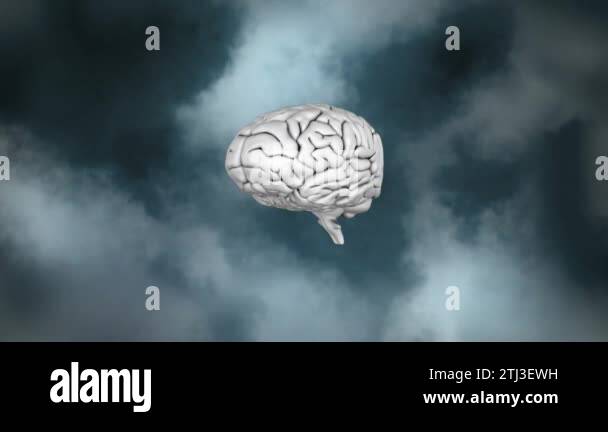 Human brain icon spinning against smoke effect on grey background ...