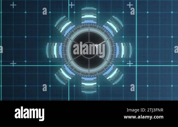 Animation of neon round scanner spinning over grid network against blue background. Computer ...