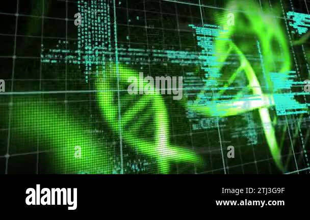 Animation of dna structures spinning and data processing against black background. Medical ...