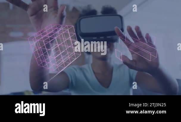 Animation of glowing 3d shapes of data transfer over african american ...