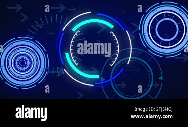 Animation of multiple neon round scanners and arrow icons moving ...