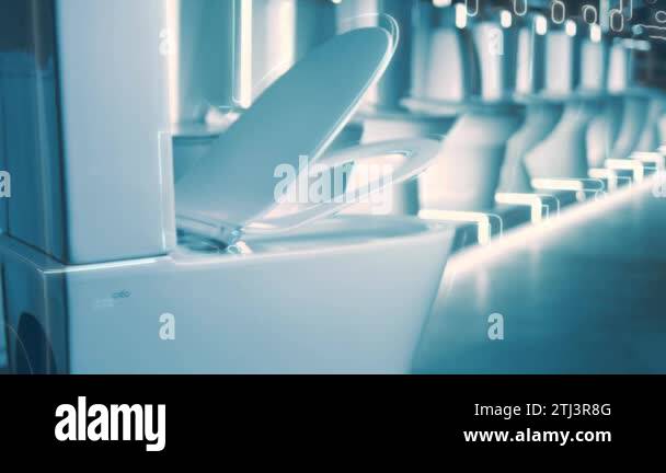 Rotating Toilet bowl. Studio filming. In the background a row of ...